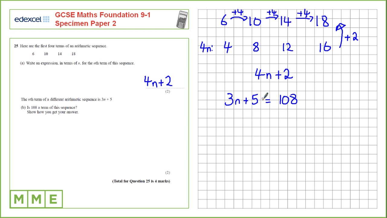 GCSE Maths EDEXCEL Foundation Specimen Paper 2 Q25 Sequences and Nth ...