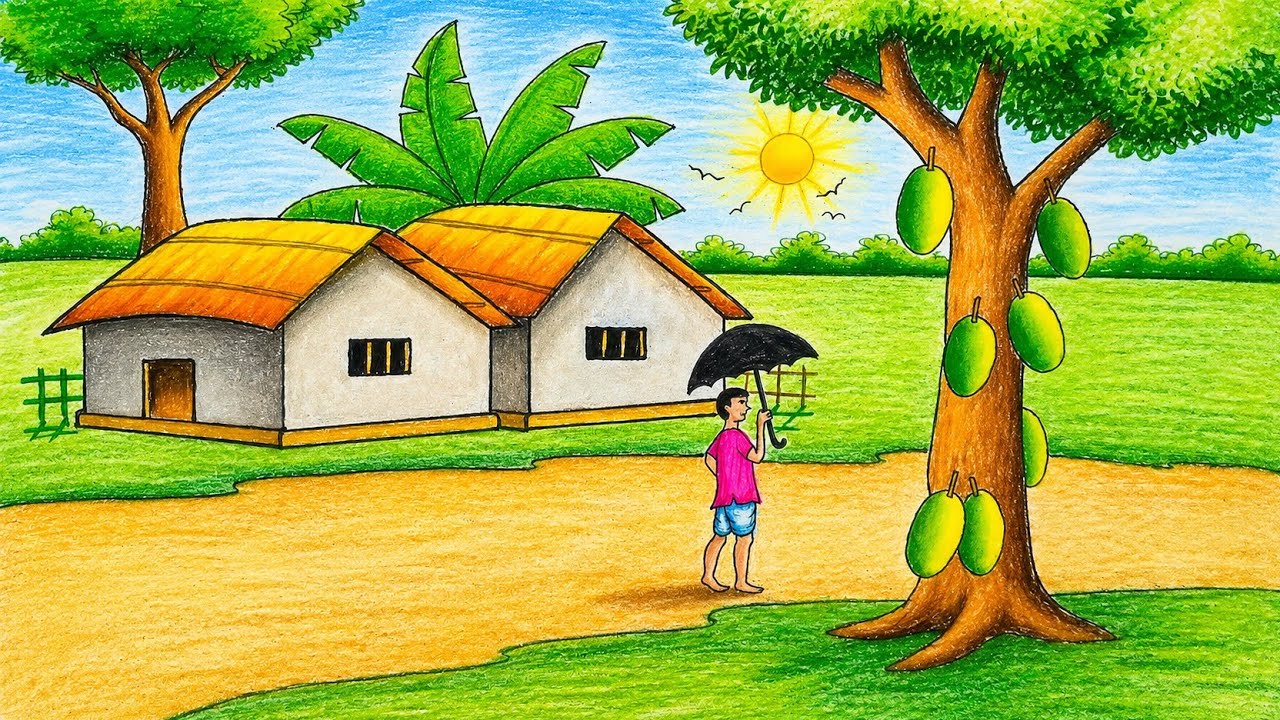 How to draw a Village Summer season step by step | গ্রীষ্মকালের দৃশ্য ...