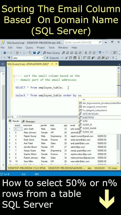 sort the table email column part of domain name sql server ssms - YouTube