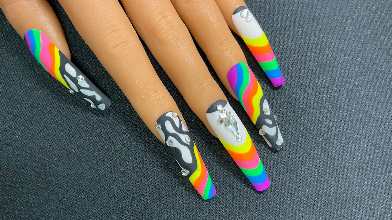 [ Nail art] Rainbow Colors Abstract French Nails - YouTube