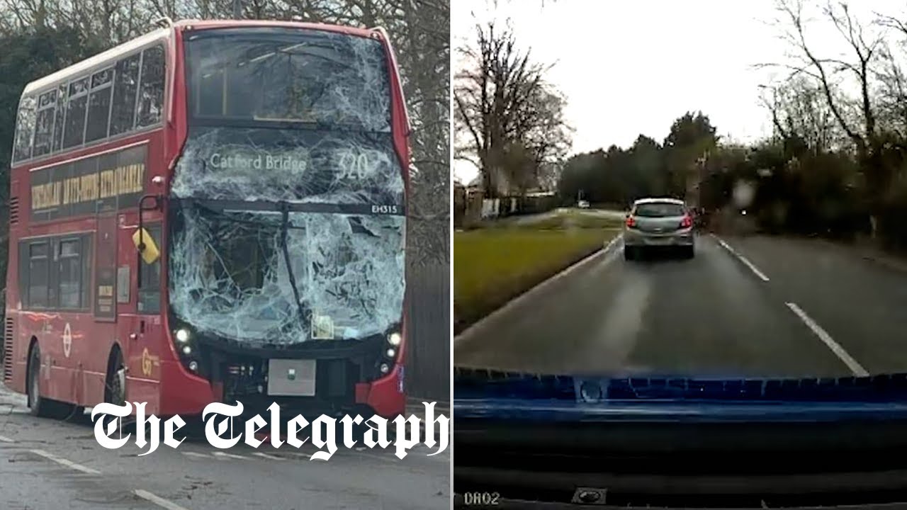 Storm Eunice: Terrifying moment bus crashes into falling tree - YouTube