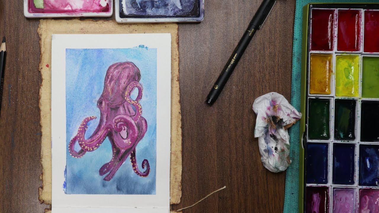 World Watercolor Month ~ ELEMENT ~ How to paint an OCTOPUS ~ Real Time ...