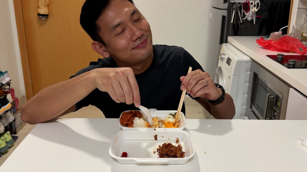 Asian man eats rice for lunch - YouTube
