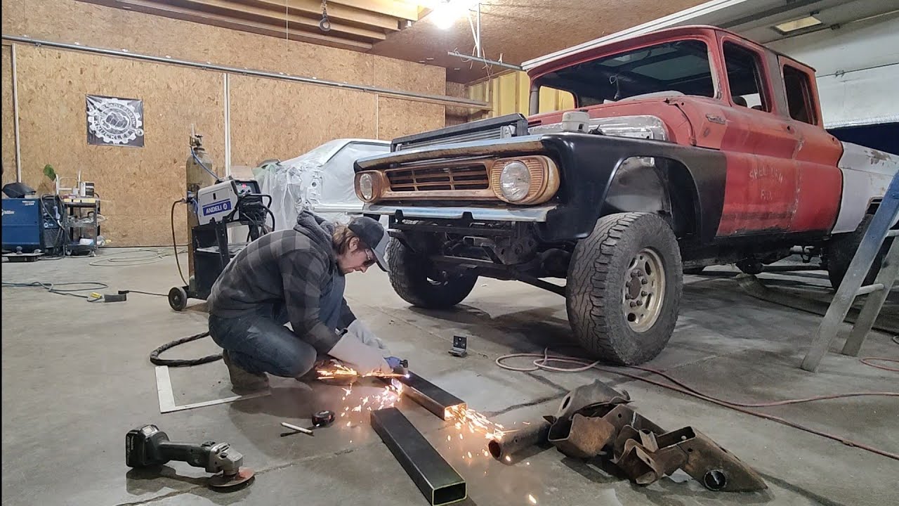 Front flip hood core frame Project Kermit 1962 c20 crew cab - YouTube