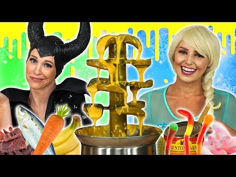 MALEFICENT VS ICE QUEEN FONDUE CHALLENGE. (What Food do they have to Eat?) Totally TV Challenge