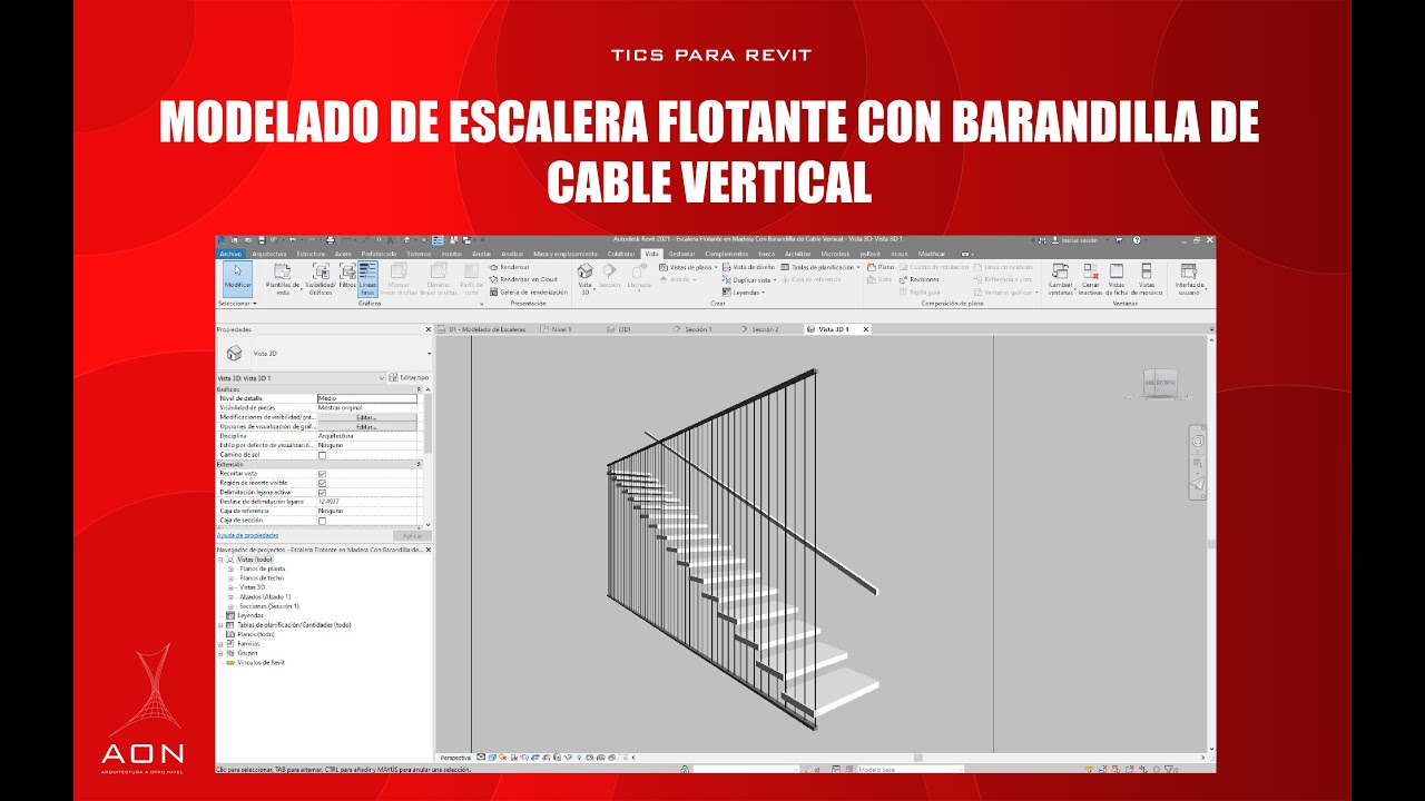 MODELADO DE UNA ESCALERA FLOTANTE CON BARANDILLA DE CABLE VERTICAL EN REVIT. - YouTube