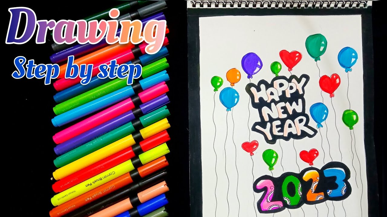 Happy New Year Drawing 2023 ll Step by step - YouTube