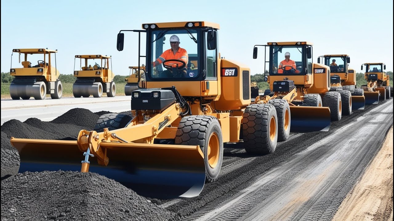 The road construction process with multiple heavy machinery works by ...