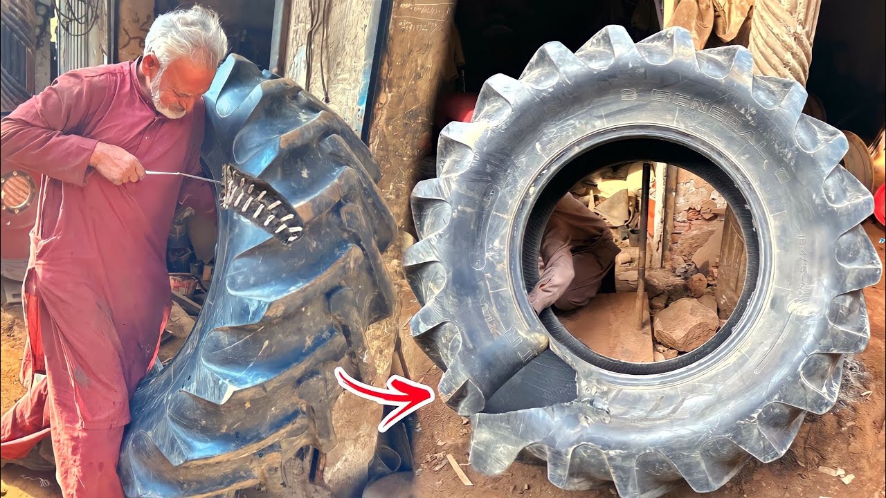 Old Man Repairing A Big Tractor Tire-How Gaint Tractor Tire Are Repair ...