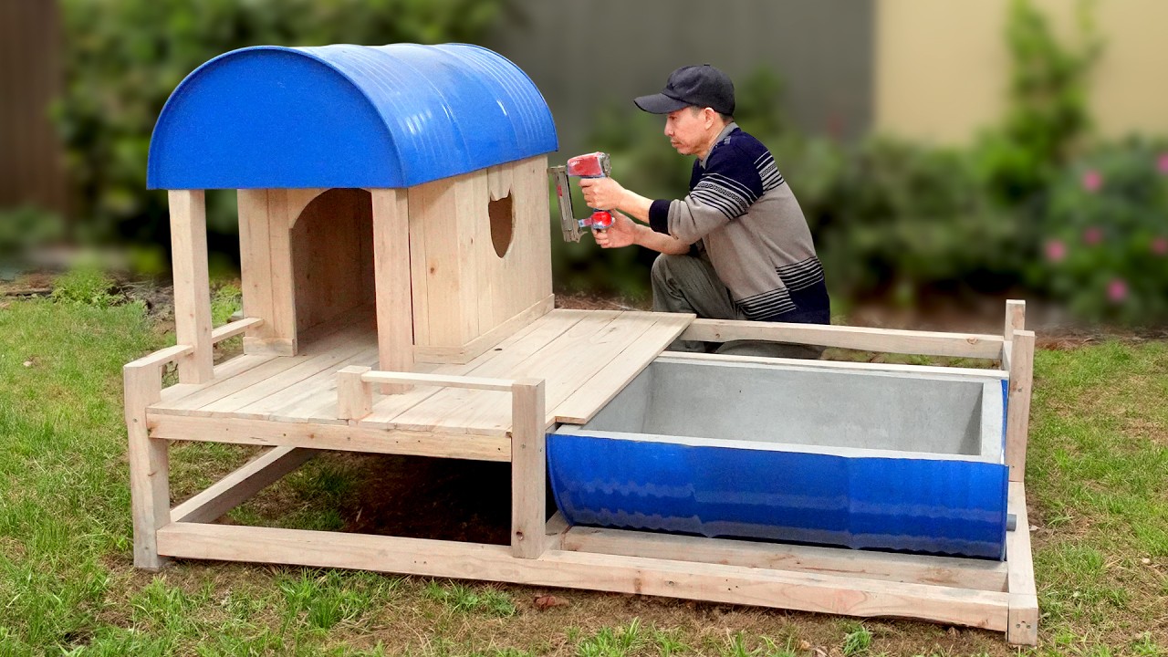 Build cheap dog house from wood and old barrel - YouTube