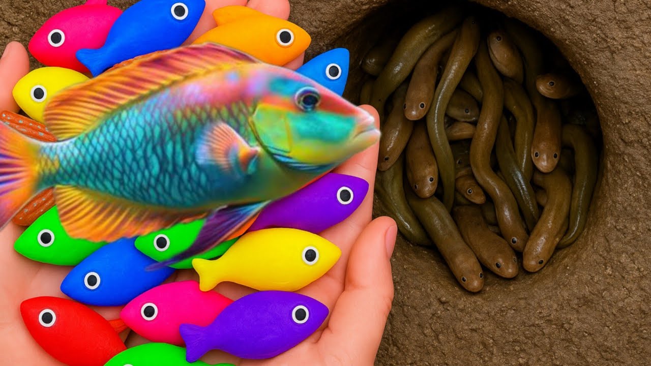 Catch beautiful colorful fish in aquarium and colorful eggs, goldfish ...