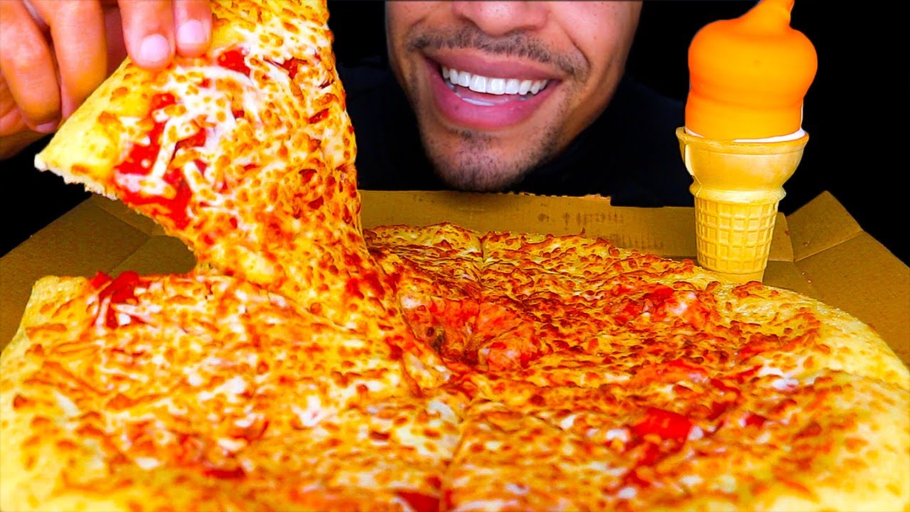 ASMR | LITTLE CAESARS CHEESE PIZZA MUKBANG | ICE CREAM CONE DIPPED ...