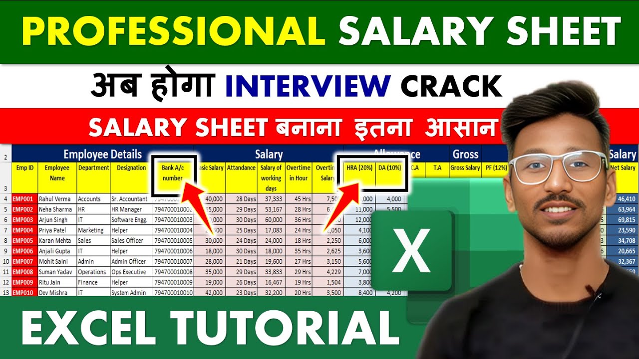 Professional Salary Sheet in Excel | D.A , HRA, PF, ESI | Excel ...