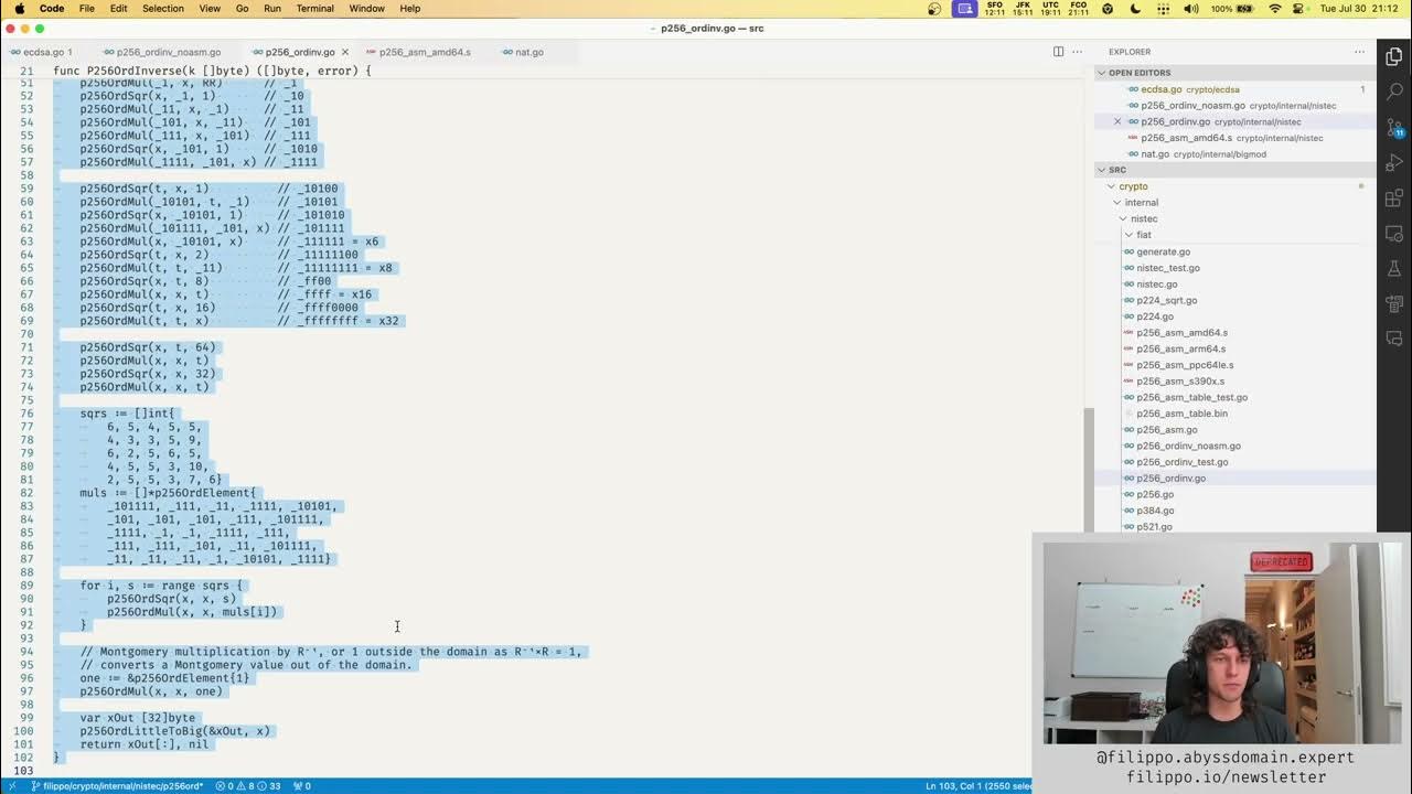 Livecoding Go on Twitch: benchmark replacing hand-written assembly for P-256 scalar field ...