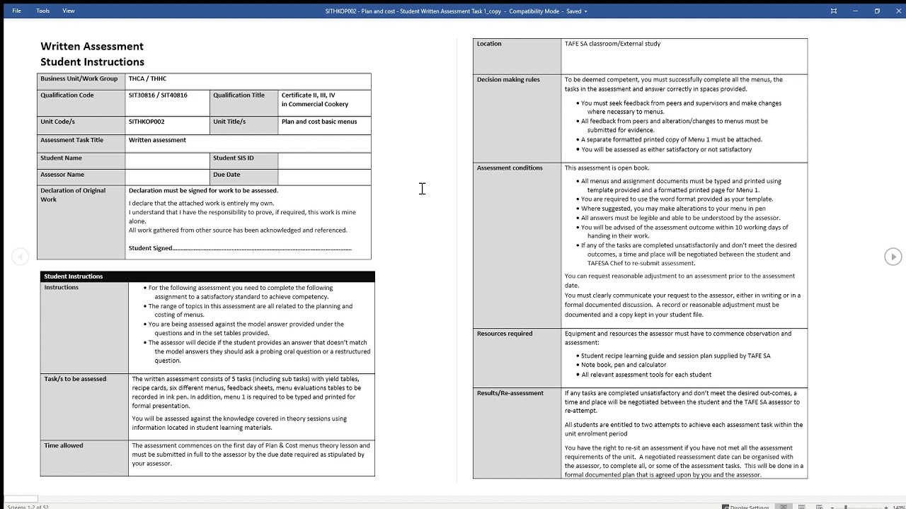 SITHKOP002 Plan and cost basic menus- Task 1, Part 1 Yield test intro ...