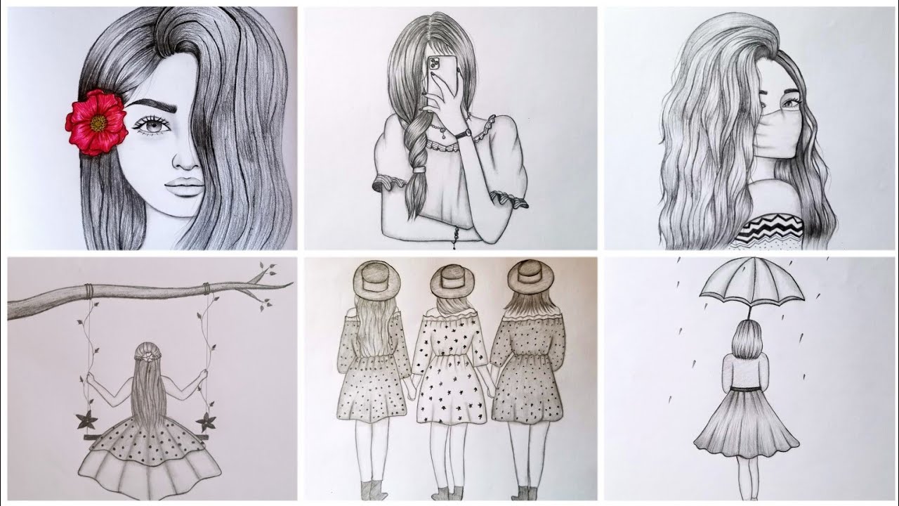 6 Easy Girl Drawing Ideas || Step by step|Pencil Sketch Tutorials ...