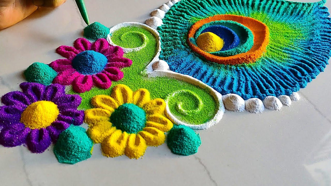 #1154 satisfying rangoli video / Peacock feathers rangoli - YouTube
