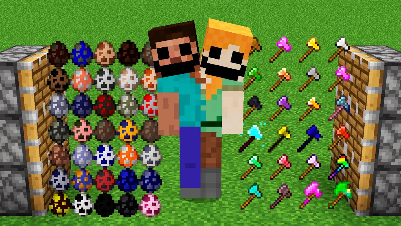 x28 two-headed alex and steve + all eggs and all axes combined - YouTube