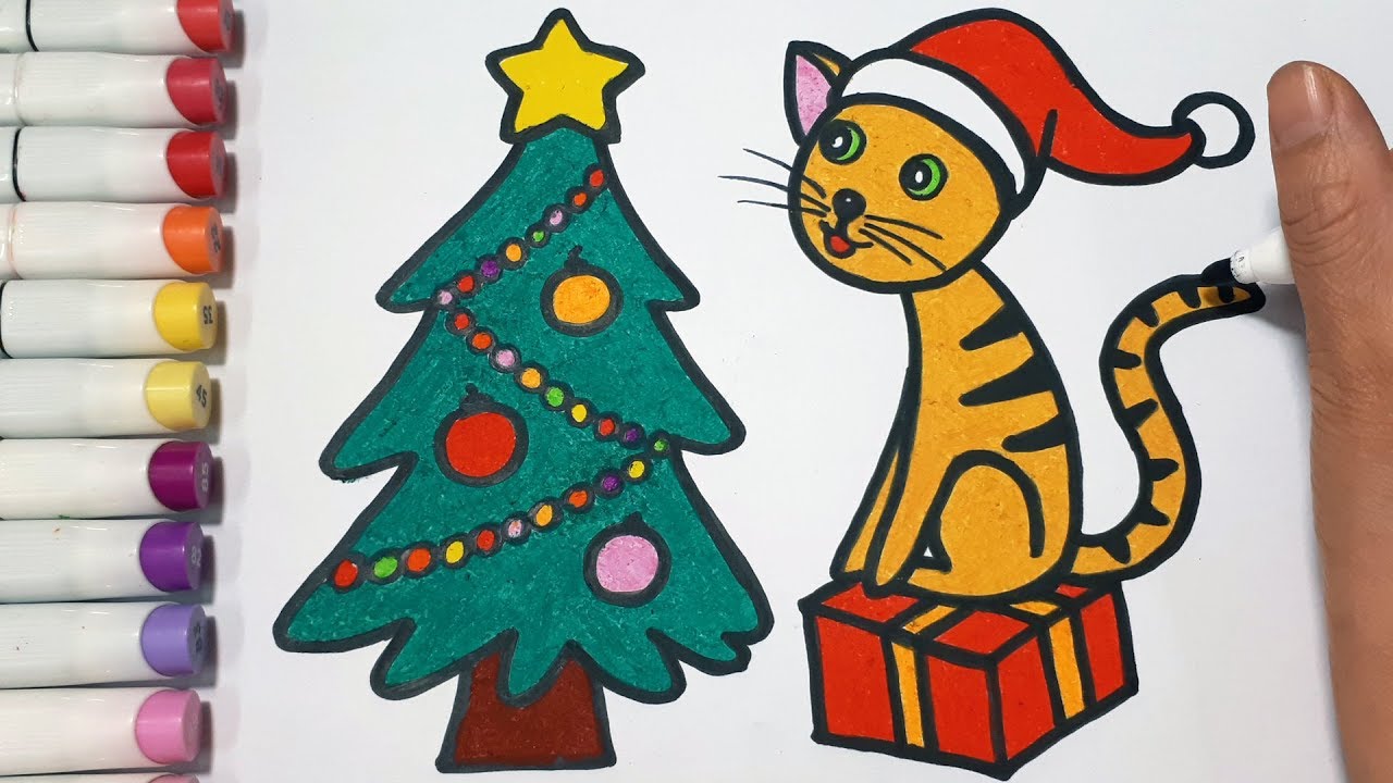 How To Draw A Cat and Chistmas Tree || Draw For Kids - YouTube