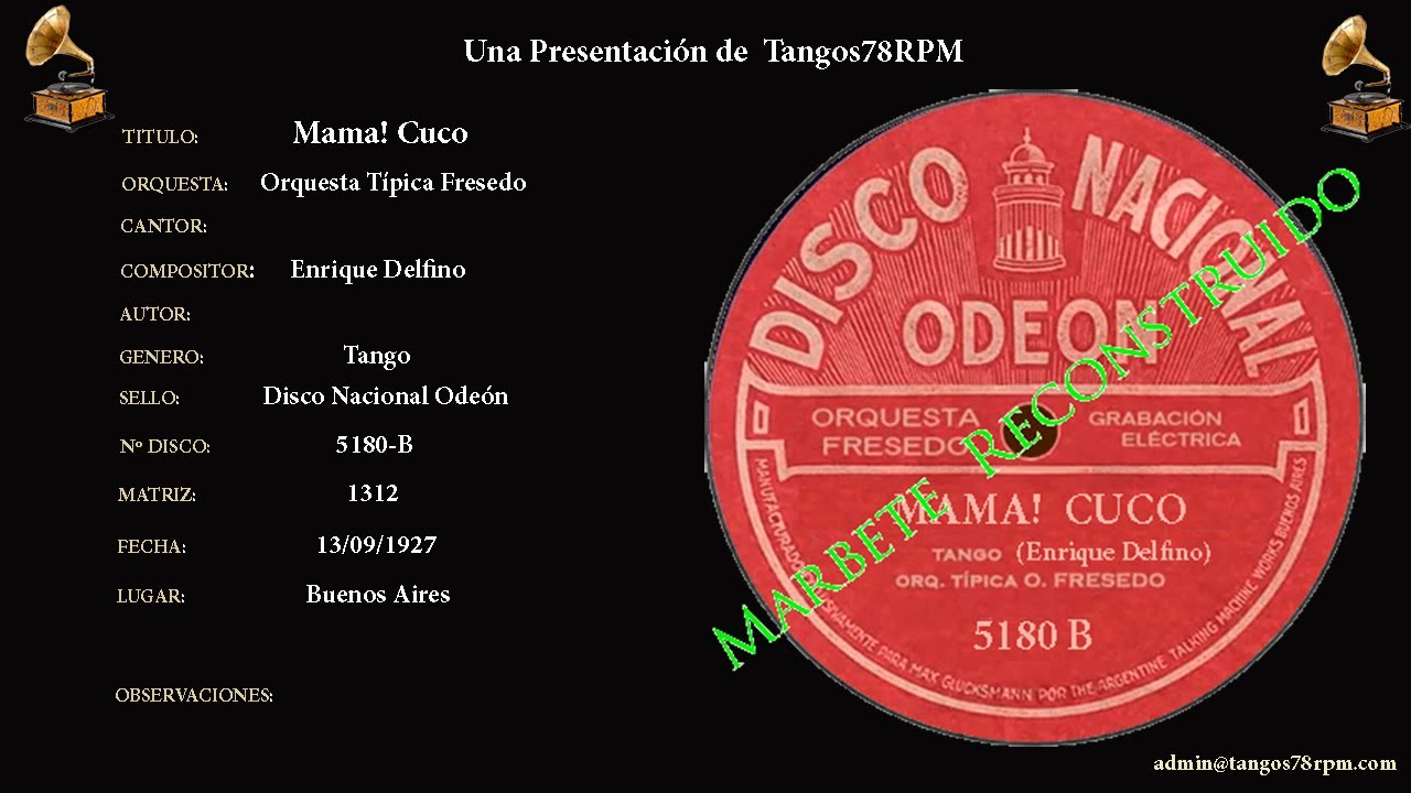 "Mama! Cuco" Orquesta Típica Fresedo Disco Nacional Odeon 5180 B 1927 ...