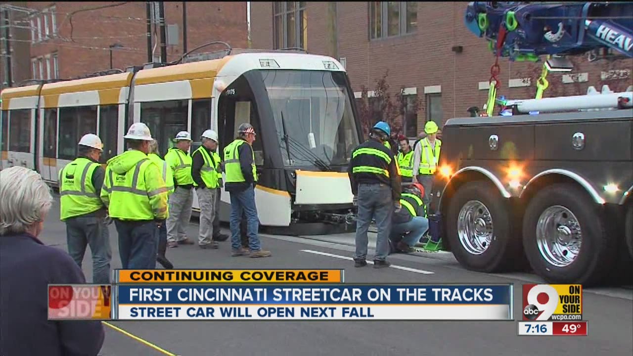 First modern Cincinnati streetcar vehicle on the tracks - YouTube