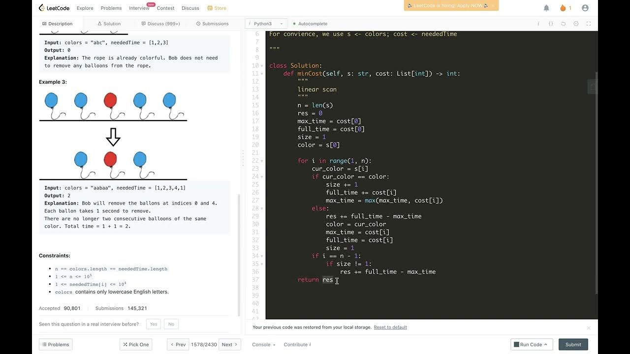 leetcode 1578. Minimum Time to Make Rope Colorful - two solutions: 1. linear scan 2.stack ...