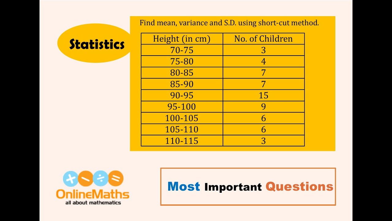 XI Statistics Find mean, variance and S D using short cut method - YouTube