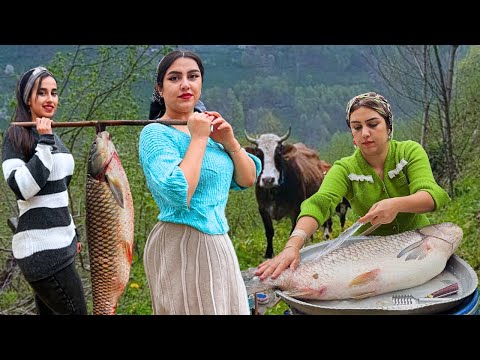 IRAN Village Life: Traditional Cooking of 15-kg  Fish & Local Bread Under Salt | Mountain Life