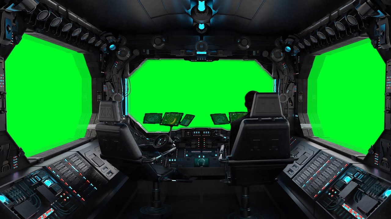 Footage on a green background. In the cockpit of a spaceship on a green ...