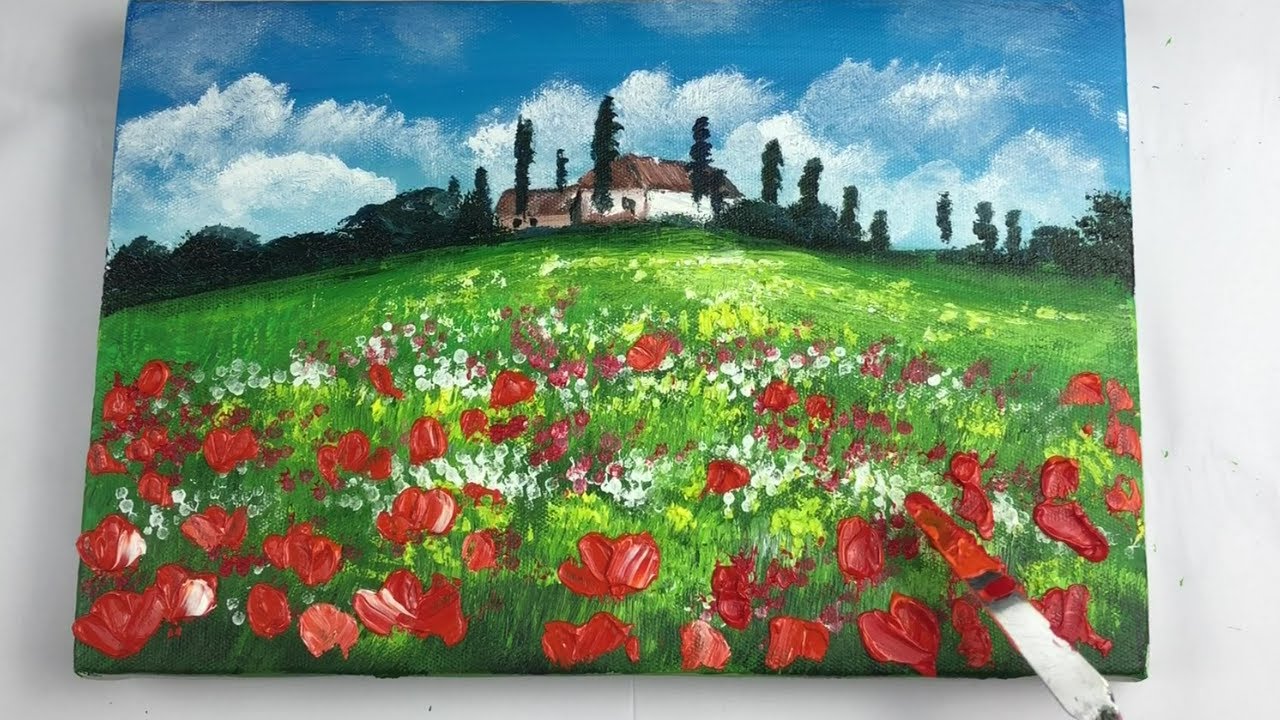 Poppy field / Acrylic Painting for Beginners / Landscape Painting ...