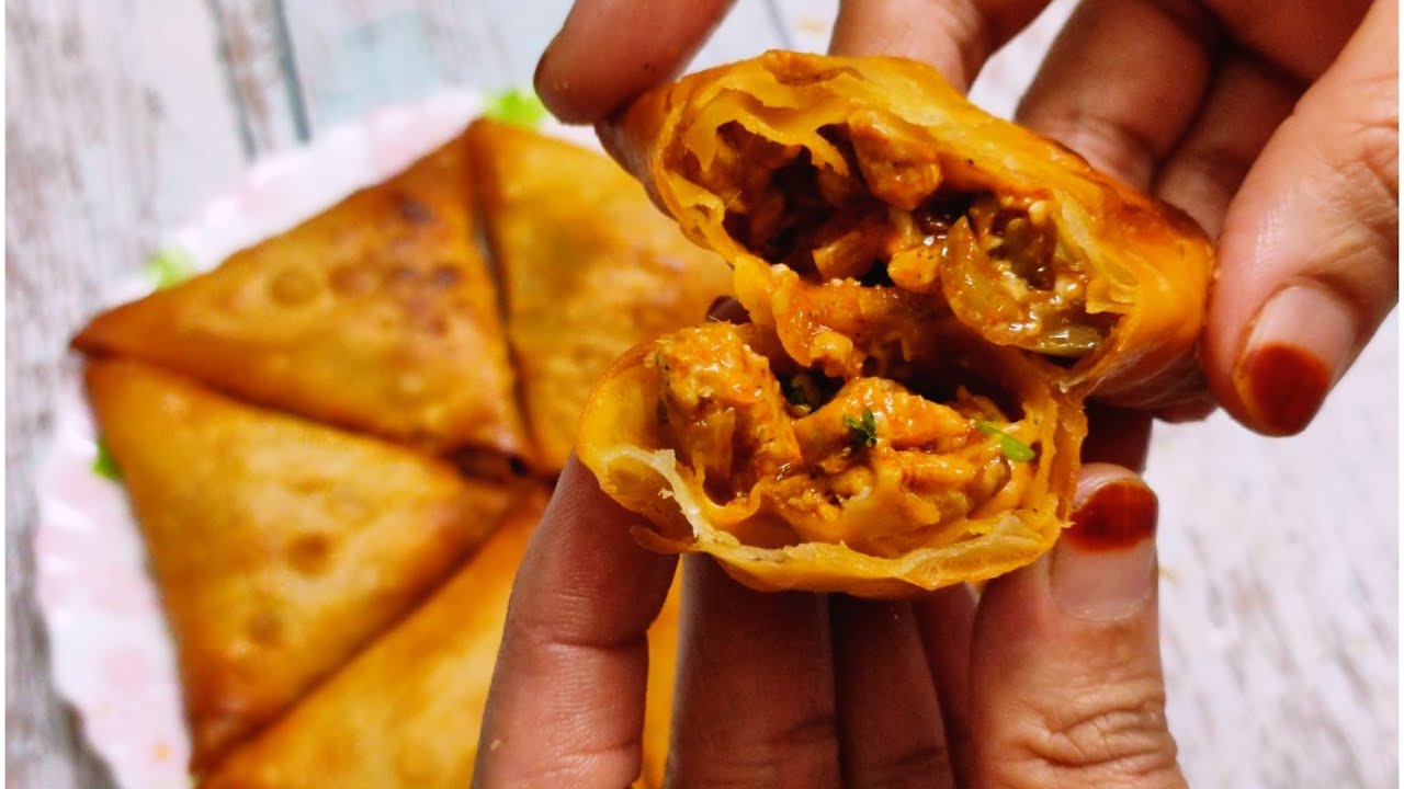 Chicken Schezwan cheese samosa-chatpata & spicy chicken samosa recipe ...
