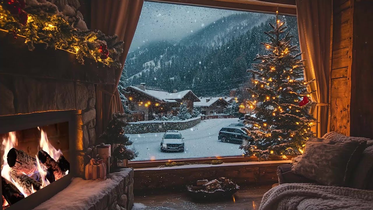 Great Rest Stop, Snow Falling By The Window And Warm Fireplace ...