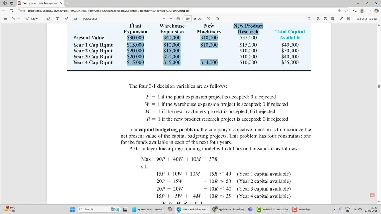 Captial Budgeting Binary Linear Programming Application Model Formulation - YouTube