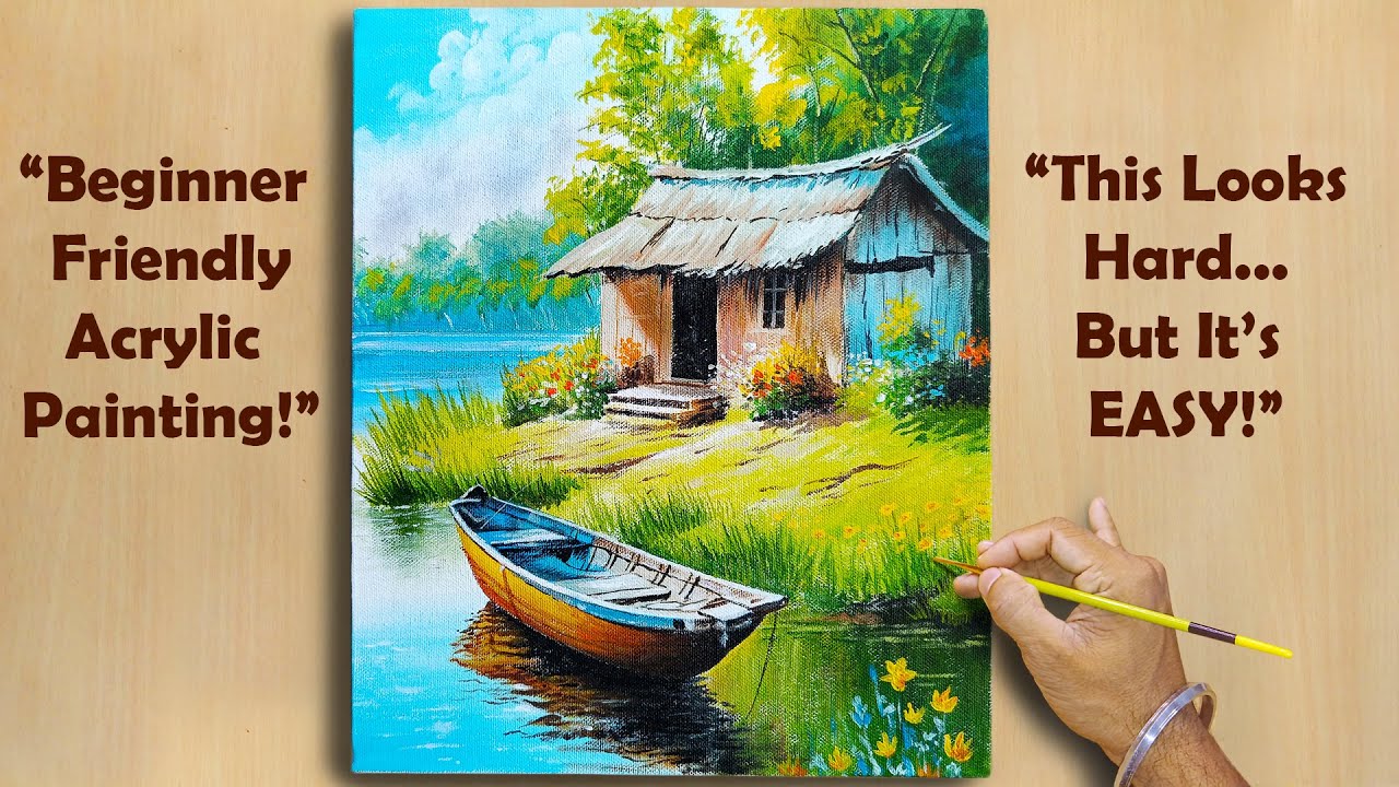 Acrylic Painting Tutorial/Peaceful Lake Cabin Scene (Step-by-Step for ...