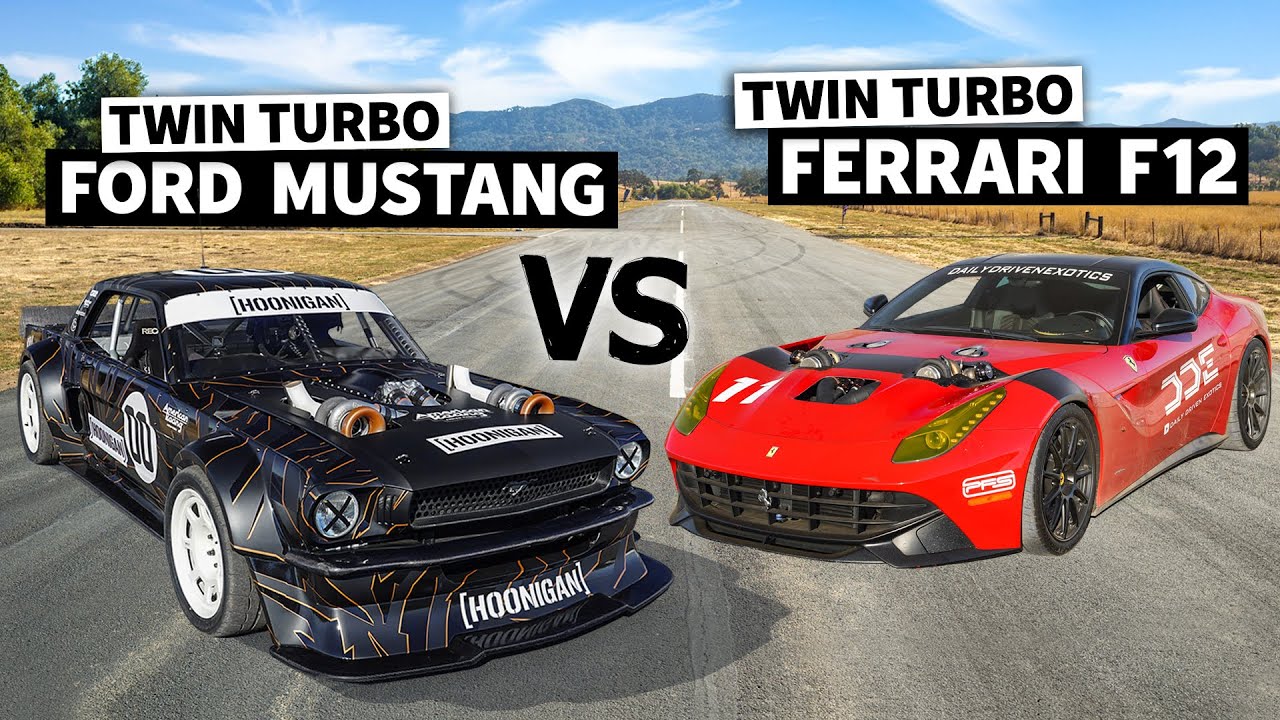FORD vs FERRARI! DDE's Twin Turbo F12 vs Lia Block's 1400hp AWD Mustang ...