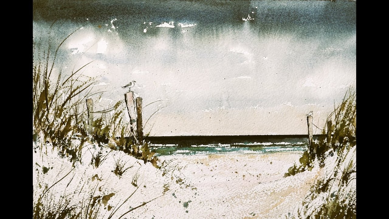 WATERCOLOR Tutorial painting Sand Dunes, Surf, Seagulls and more! - YouTube
