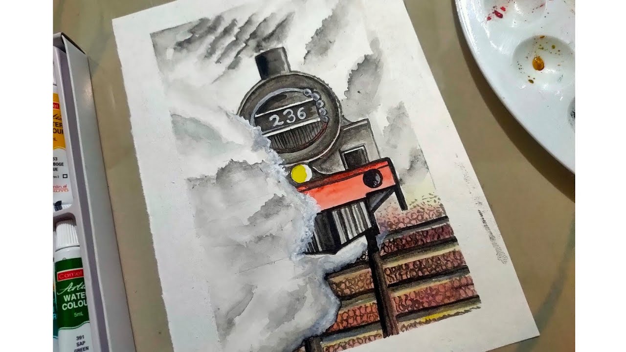 How to draw water colour painting.#train #railgadi #art #painting # ...