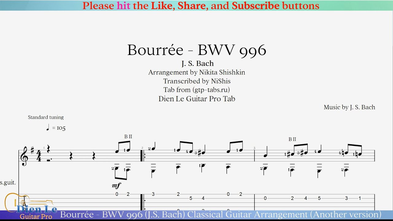 Bourrée - BWV 996 (J.S. Bach) Classical Guitar Arrangement with Tab (Another version) - YouTube
