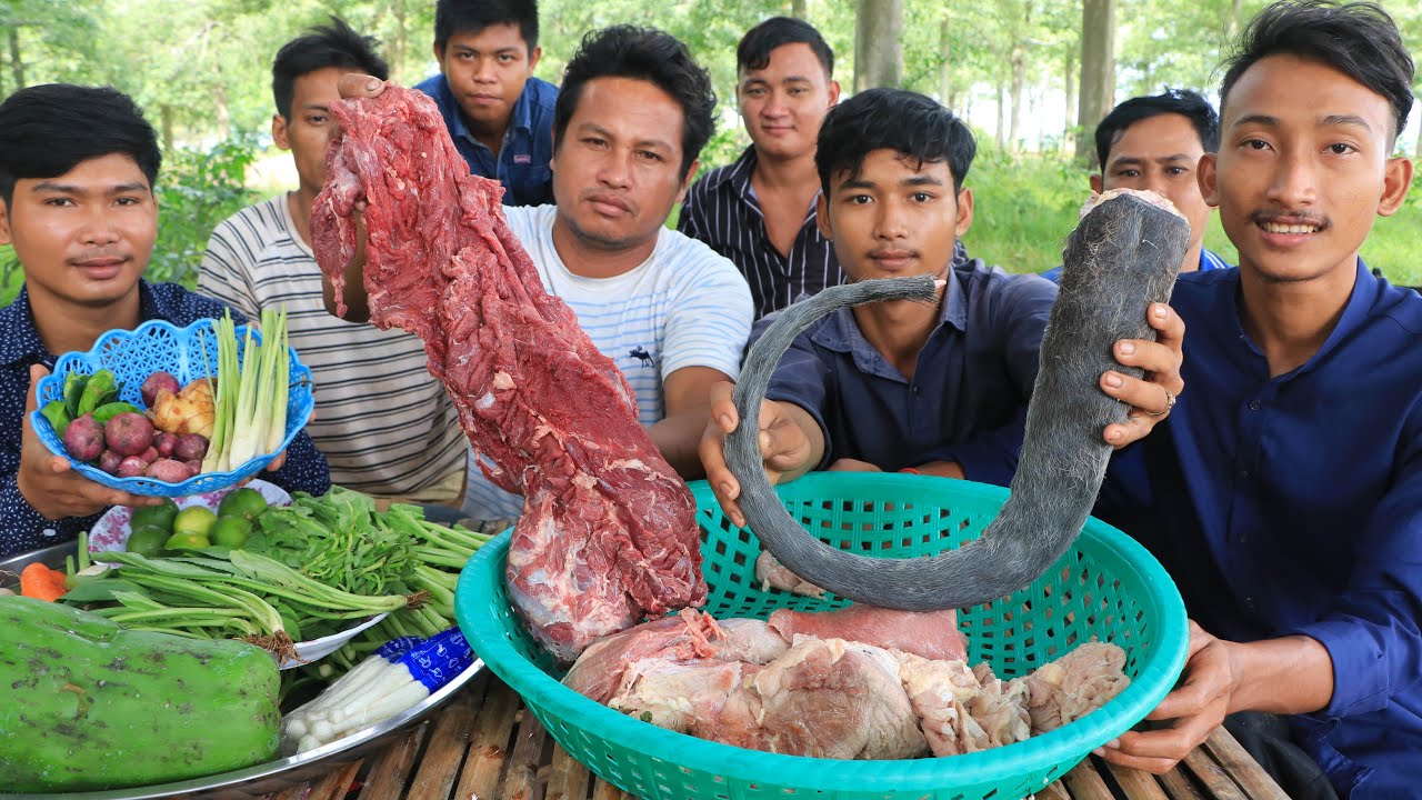 Cooking and eating soup cow tail with vegetable and noodle recipe ...