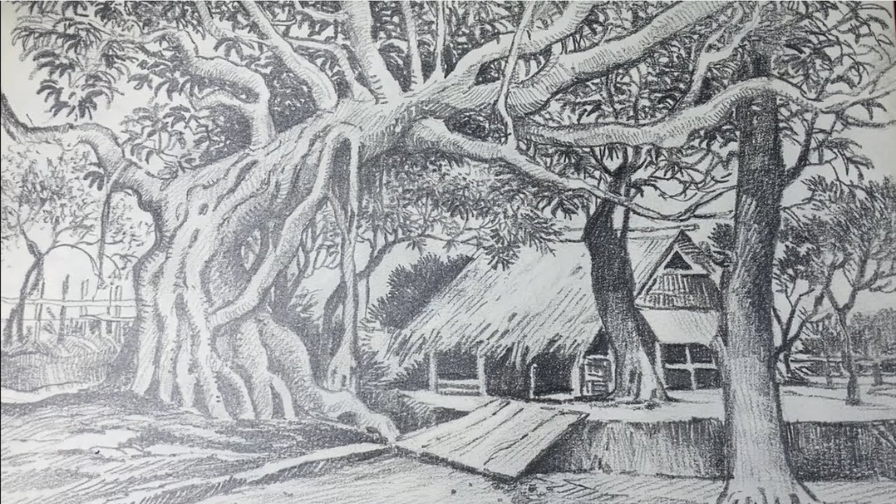 "Peaceful Village Sketch | Tree & Hut Drawing" - YouTube