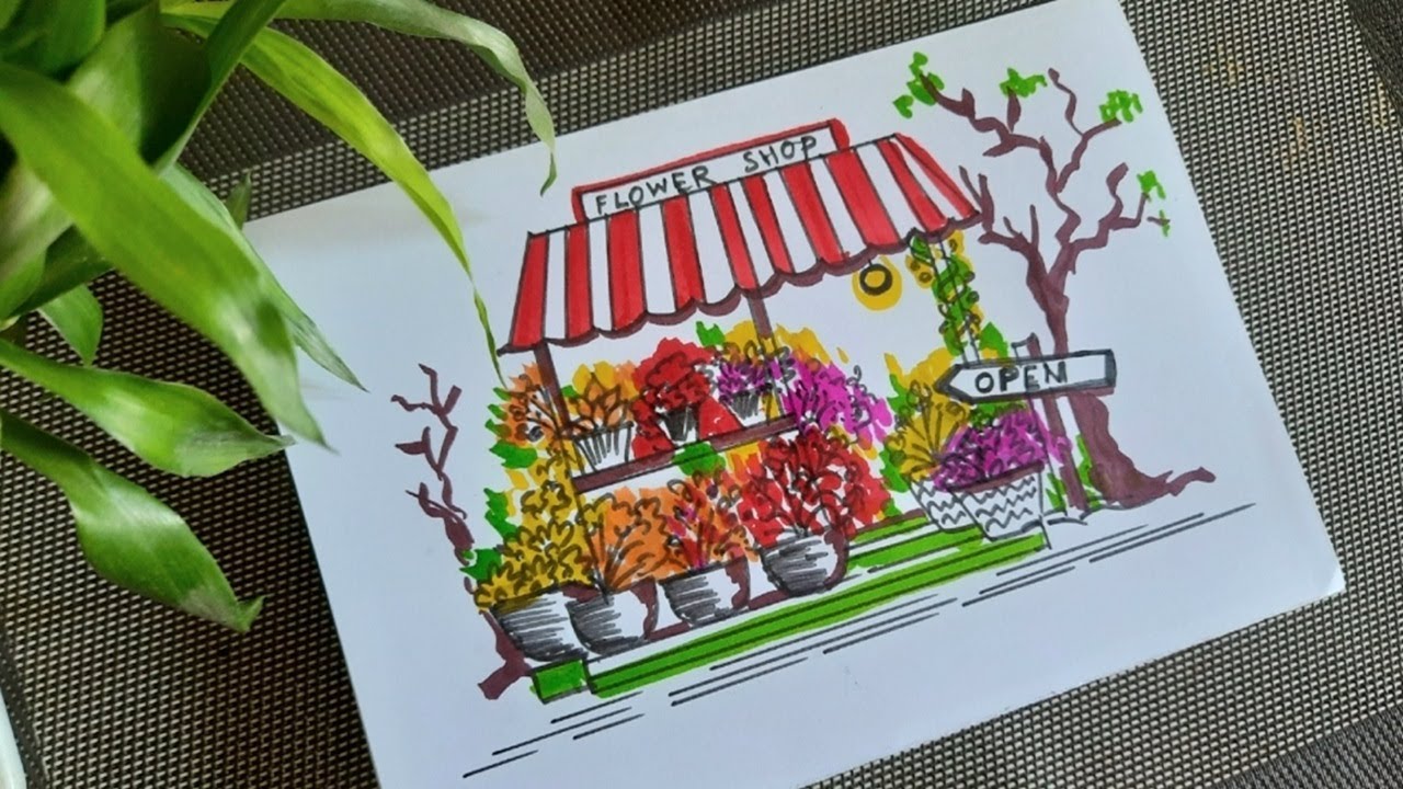 How to draw a flower shop | simple watercolor brush pen drawing for ...