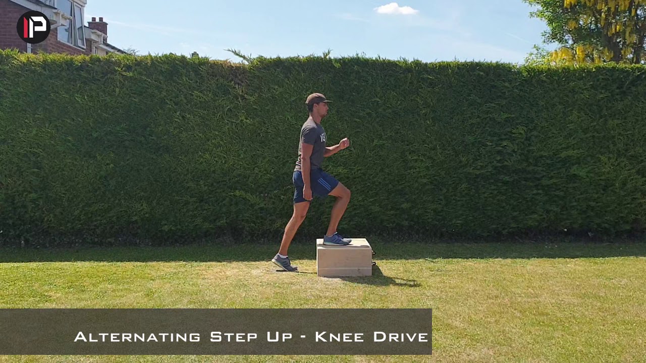 Box Step Up Alternating Knee Drive Side View - YouTube