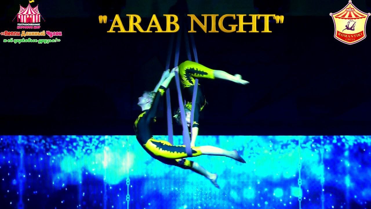 Duo of young aerial acrobats on loops. Acrobatic composition "Arabian ...