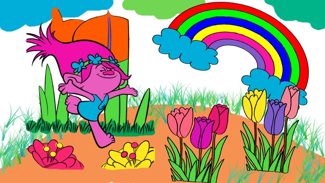 Trolls Poppy with Rainbow Coloring Book Pages Fun Art Learn Colors For ...
