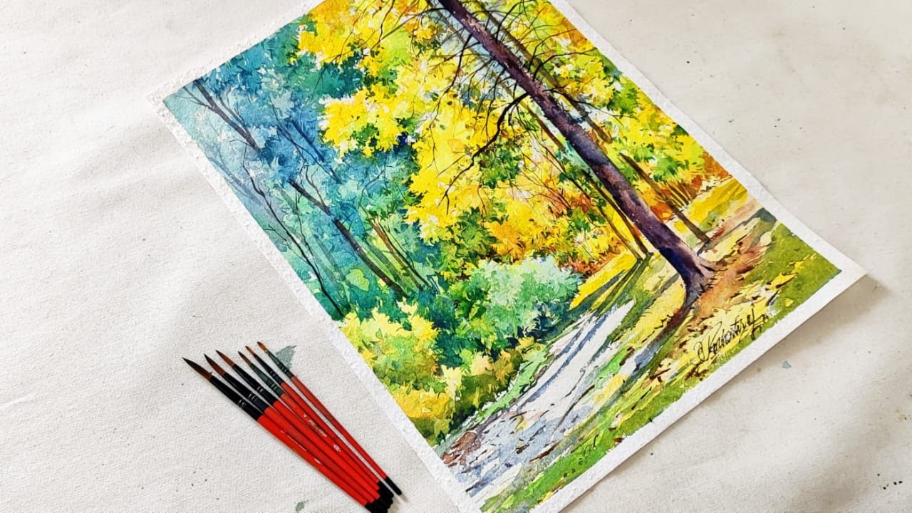 How to draw a spring watercolour landscape art - YouTube