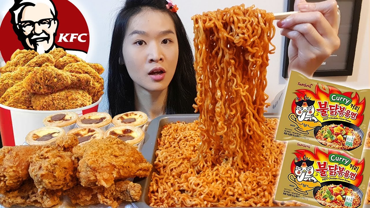 KFC & Curry Fire Noodles!! Crunchy Curry Fried Chicken, Hot & Spicy ...
