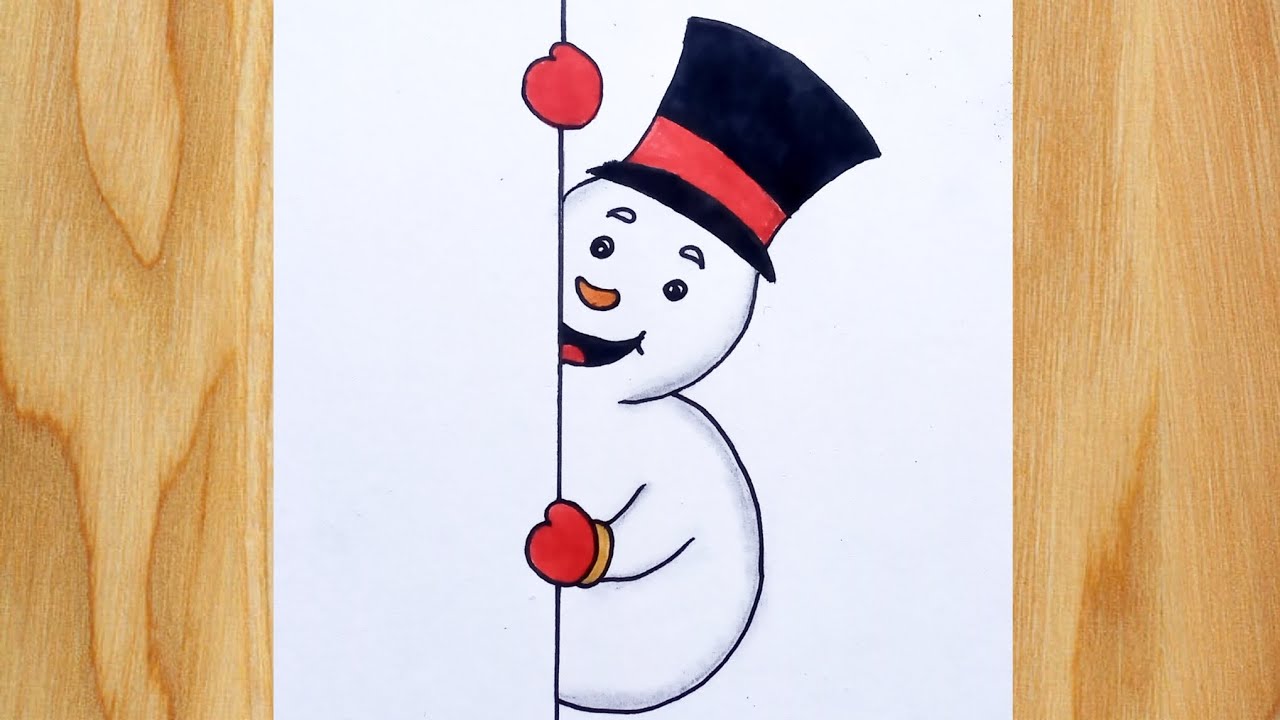 How to draw a Snowman-very easy drawing | Peeking Snowman drawing ...