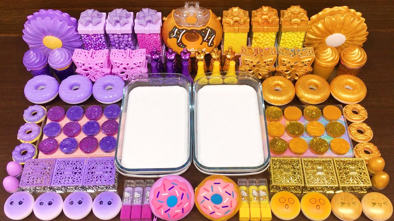 PURPLE vs GOLD!! Mixing Random Things into Glossy Slime!! Satisfying ...