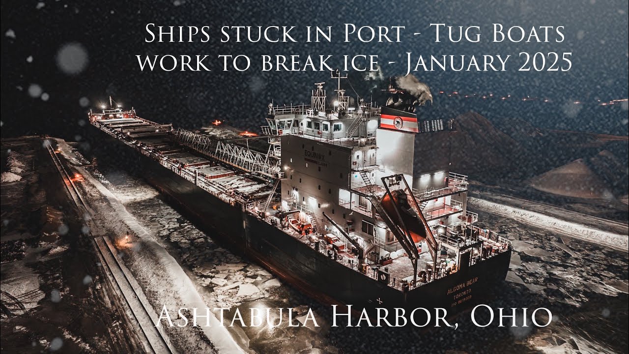 Footage from Ashtabula and Buffalo of freighters stuck in ice - 4 days ...
