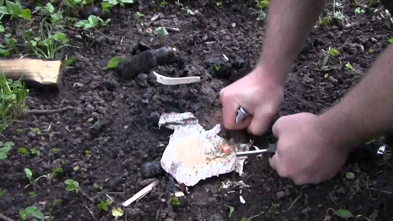 Making fire using ferro rod and birch bark - YouTube